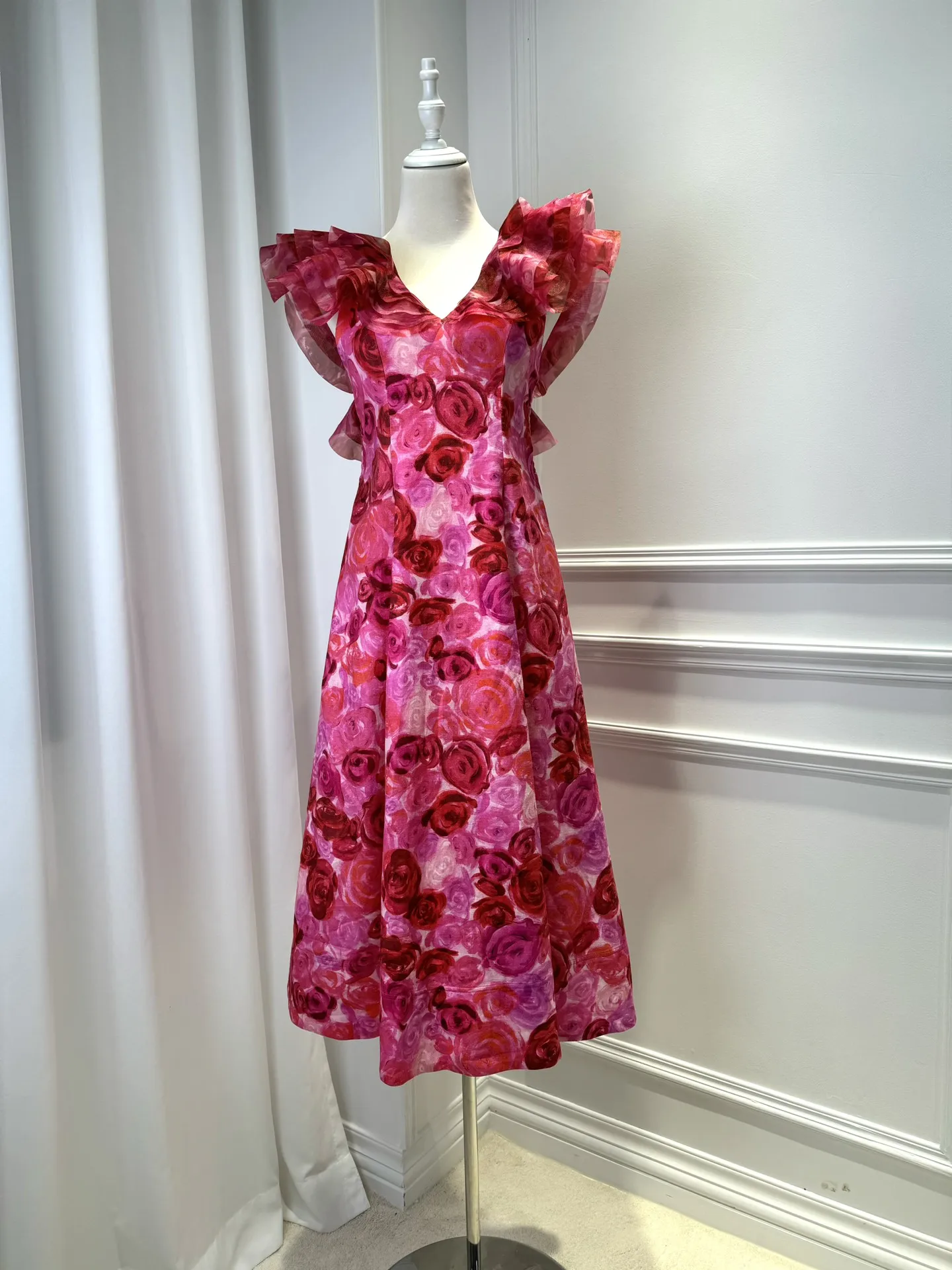 Printed-ruffle-edge-V-neck-fly-edge-sleeve-printed-mid-length-A-line ...