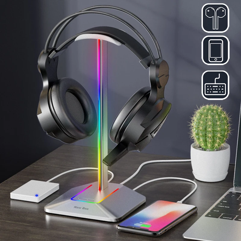 RGB-Lights-Headphone-Stand-With-Type-C-USB-Ports-Headphone-Holder-For ...