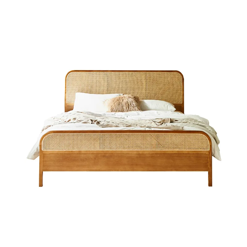solid-wood-rattan-woven-king-bed-modern-and-simple-white-wax-wood ...