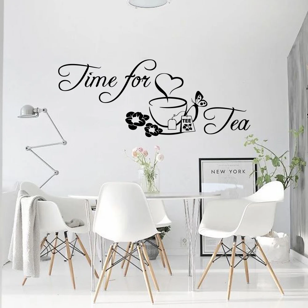 Large Time for Tea Butterfly Wall Sticker Kitchen Coffee Cafe Relax ...