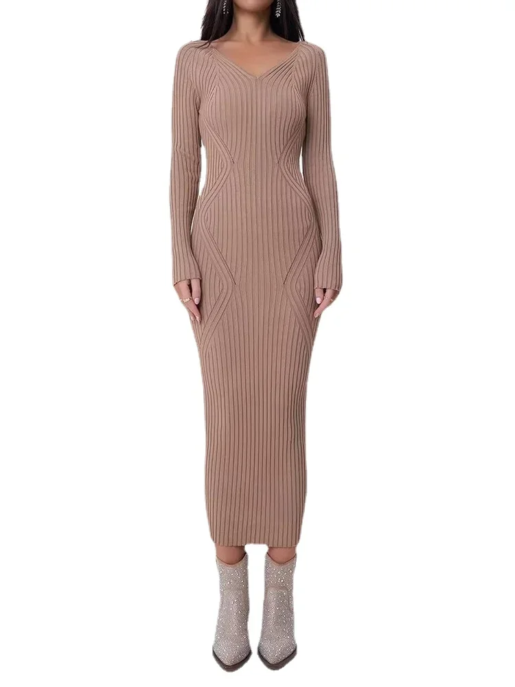 Women-V-neck-Texture-Knitted-Dress-Long-Sleeve-Stretchable-Slim-Midi ...