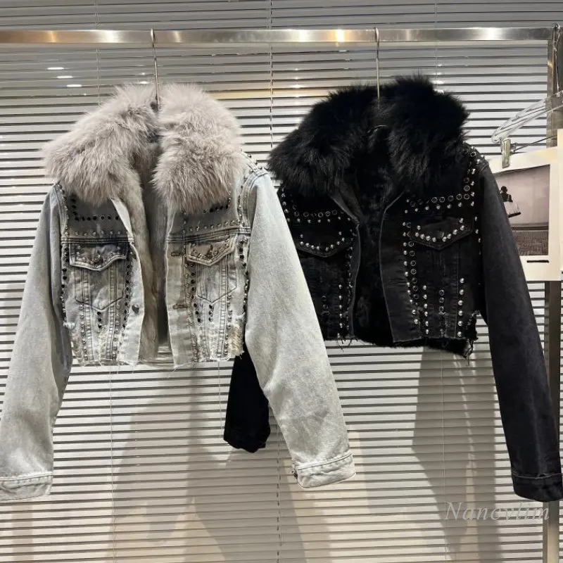 Real Fur Denim Jacket Women 2025 Autumn Fried Street Style Natural Fox ...