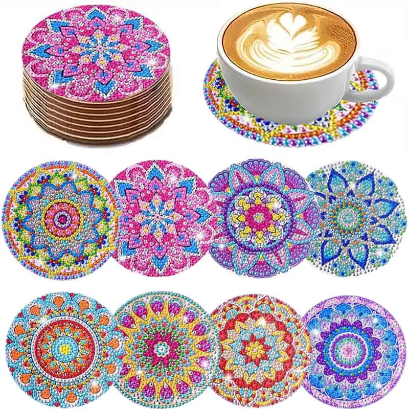 8-piece DIY Diamond Painting Wooden Cup Mat Set, Colorful Flower ...