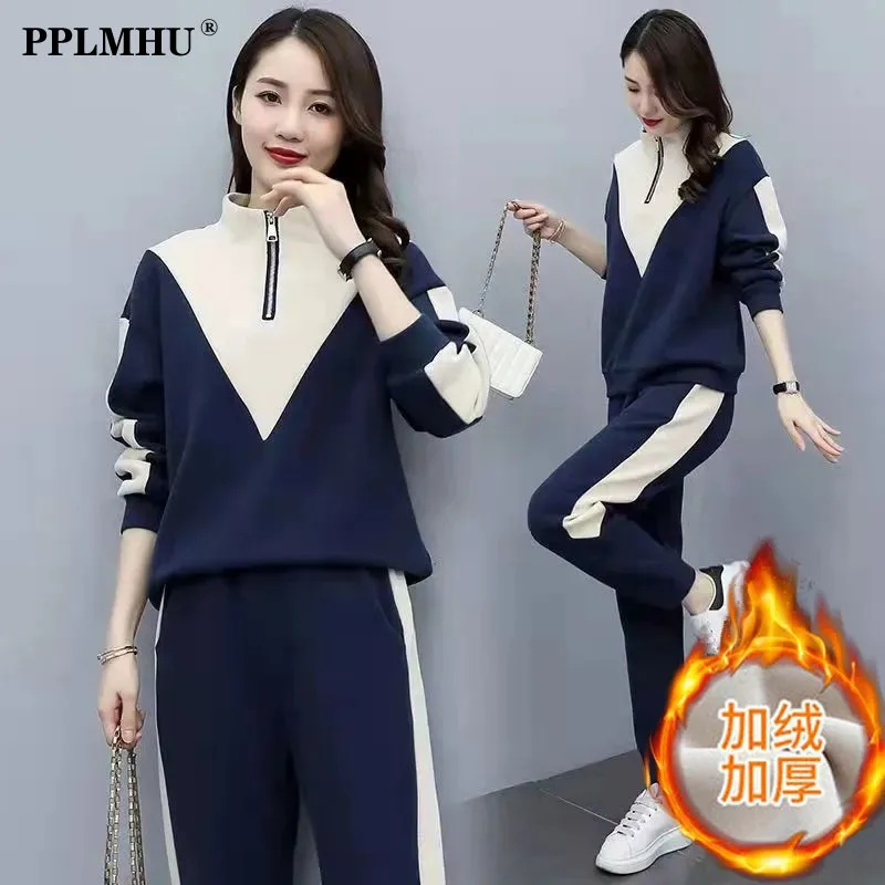 Korean Fashion Tracksuit Plus Velvet Warm 2 Piece Set Women Outfits ...