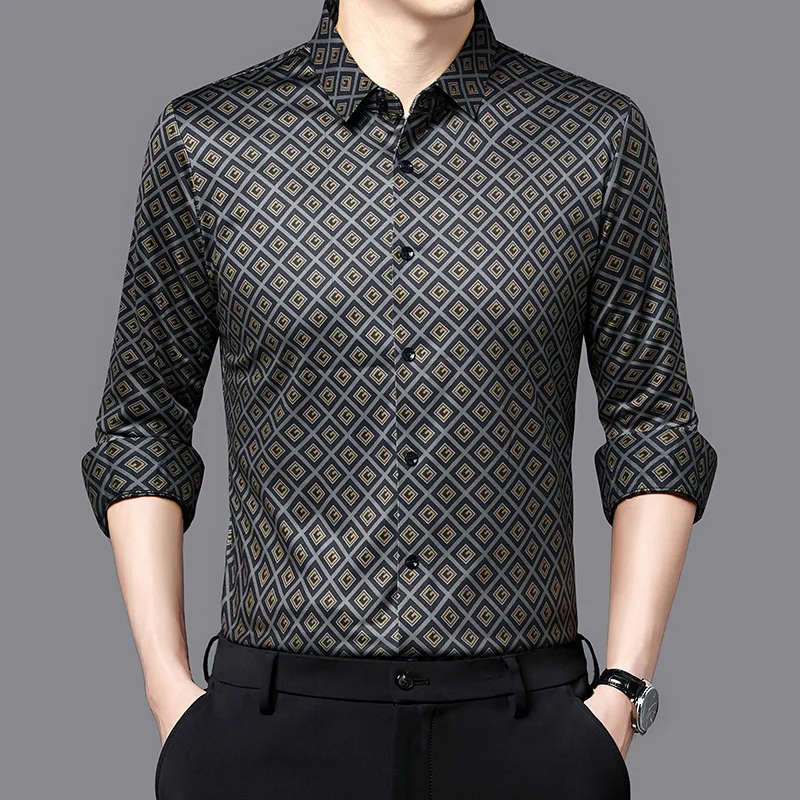 High-End-Printed-Business-Gents-Casual-Shirts-Smooth-Stretch-Clothes ...