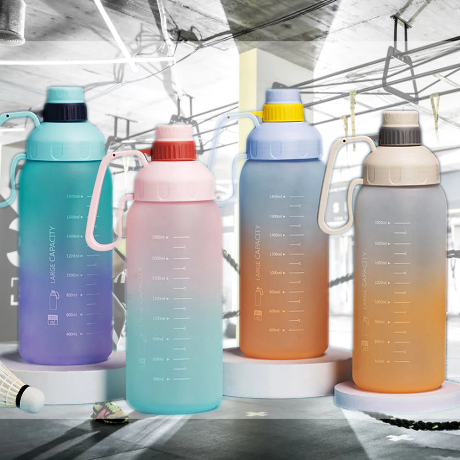 1.8l Large Capacity Gradient Sports Water Bottle Plastic Cups With Calibration Gym Fitness ...