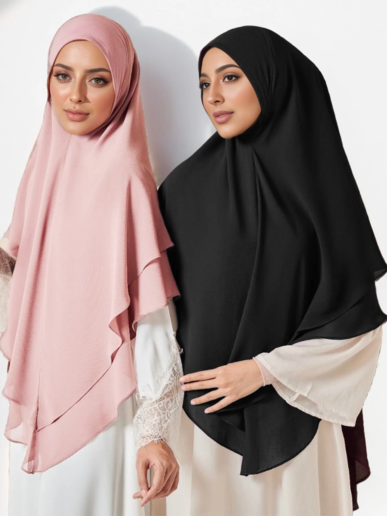 1pc Double layered Chiffon Ready to Wear Instant Hijabs Solid Headscarf ...