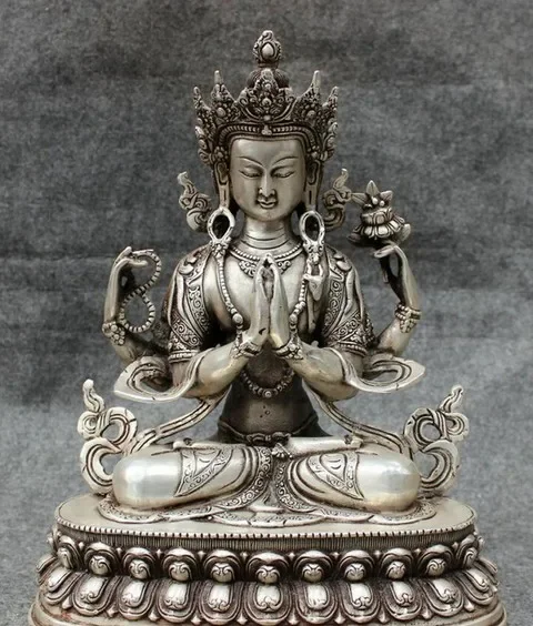 12" Tibet Silver Buddhism Protect 4 Arms Chenrezig Buddha Statue Kwan ...
