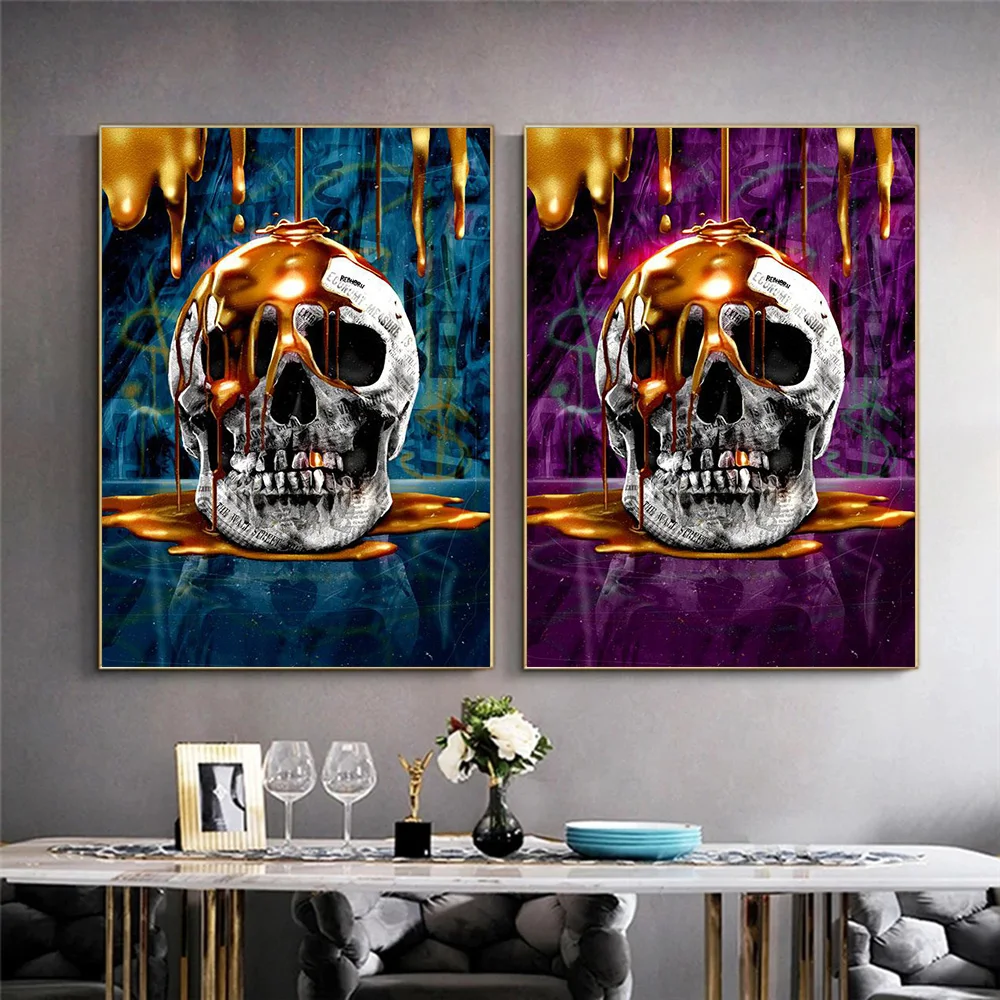 Abstract-Gold-Water-Drop-Skull-Statue-Canvas-Painting-Gold-Color-Poster ...
