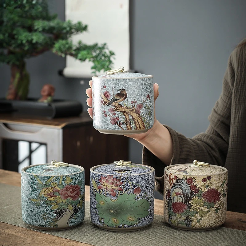 Chinese Style Tea Pot Ceramic Sealed Pot Storage Jar Household Retro ...
