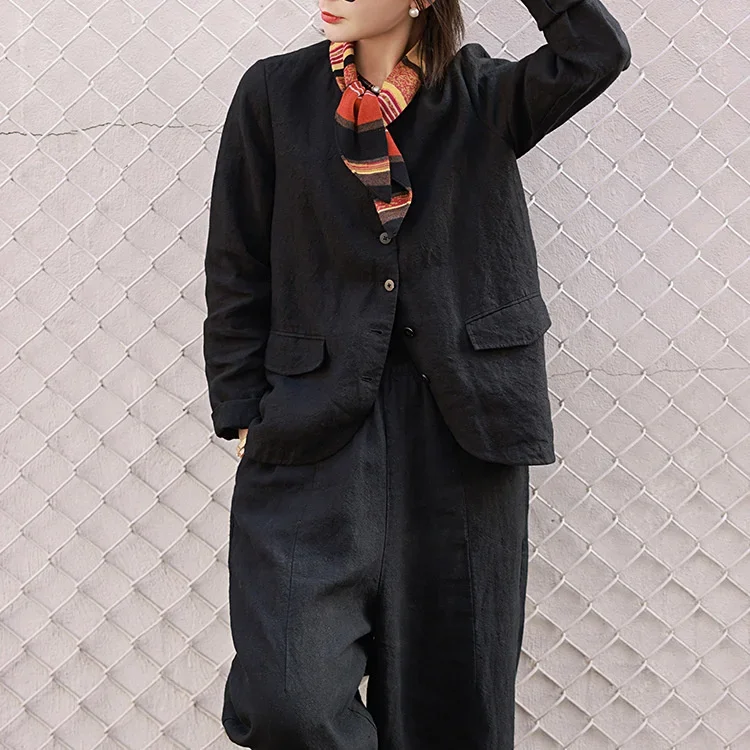Round Neck Long Sleeve Coat and Elastic Waist Pants Sets, Pure Linen ...