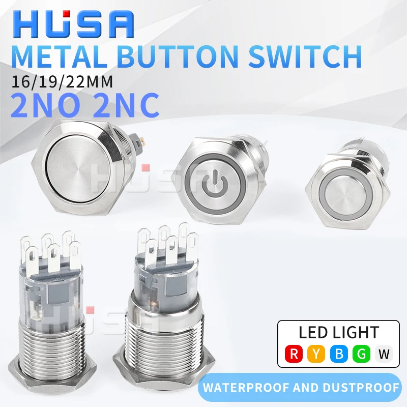 2NO2NC-16-19-22mm-Waterproof-Metal-Push-Button-Switch-LED-Light-Momentary-Car-Engine-Power ...