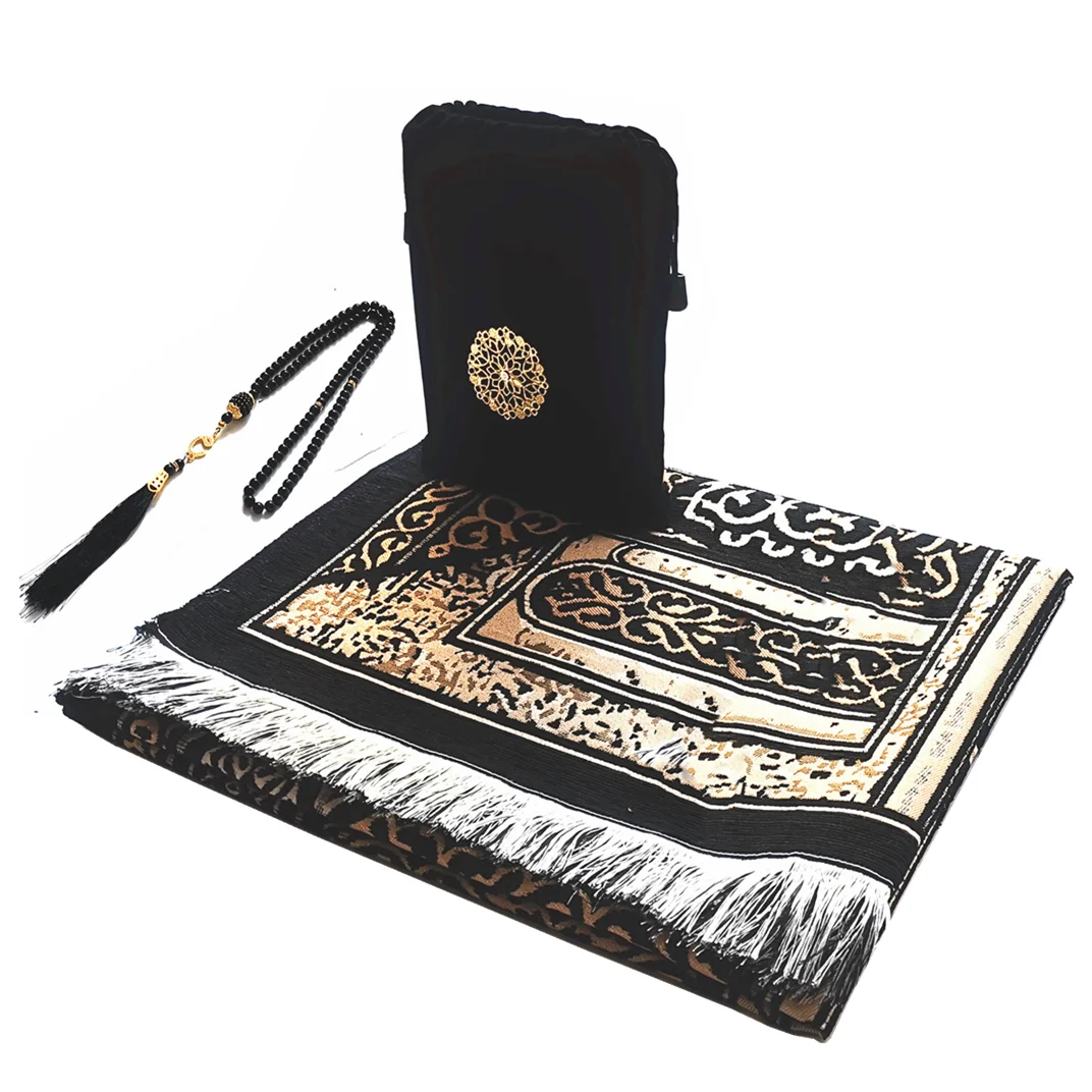 Muslim Prayer Rug Islamic Turkish Black Chenille Ramadan Washable Mat ...