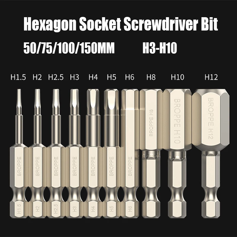 50/75/100/150MM H3-H10 Hexagon Socket Screwdriver Bit Magnetic Electric ...