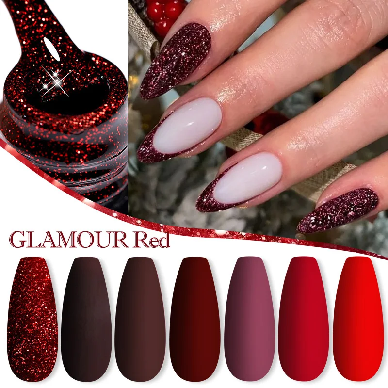 LILYCUTE 7ML Dark Red Glitter Color Gel Nail Polish Autumn Red Series ...