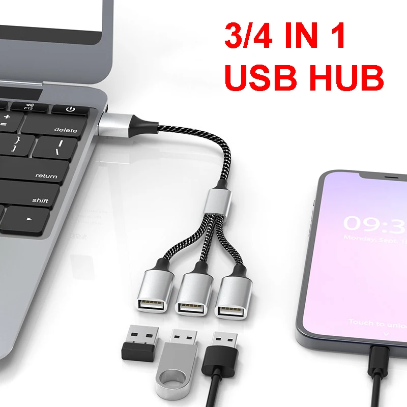 USB Splitter Adapter Cable 1 in 3 Out 4 Port OTG Convertor Type C ...