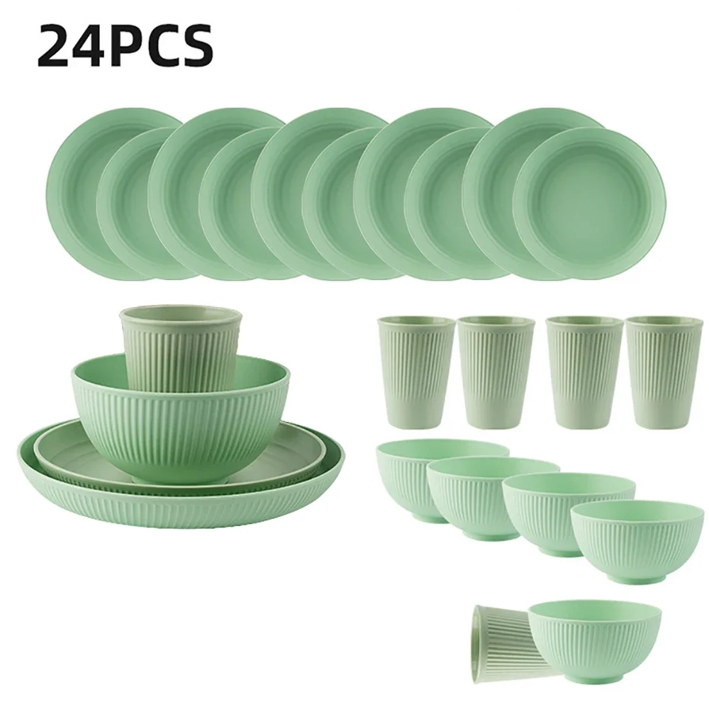 16-24Pcs-Mint-Green-Wheat-Straw-Tablewar-Sets-Bowl-Saucers-Plate-Sets ...