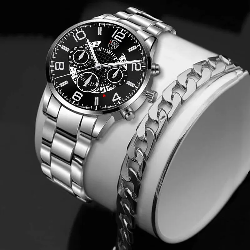 2PCS Fashion Mens Bracelet Watches Set Luxury Men Sports Silver ...