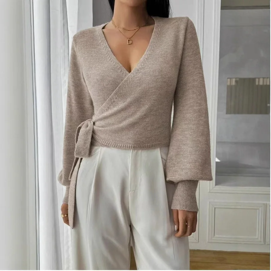 Elegant Short Knitwear Women's Cross V-neck Base Layer Autumn Winter ...