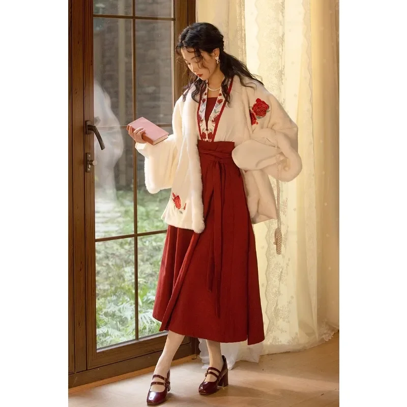 Autumn-Winter-Song-Dynasty-Red-Rose-Embroidered-Woolen-Hanfu-Dress ...