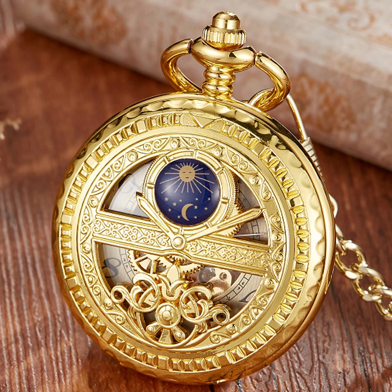 Hand-WInd Mechanical Pocket Watch Vintage Hollow Blue Moon Star ...