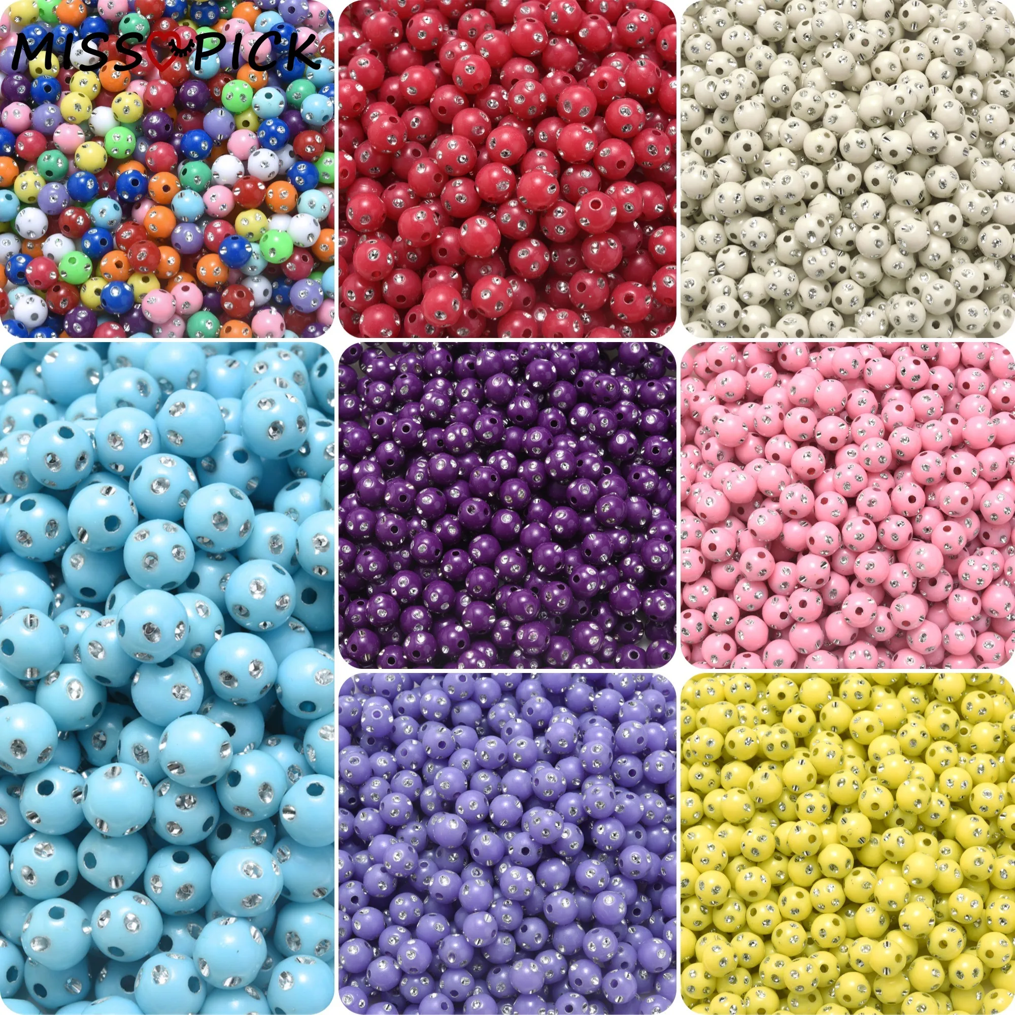 10-200Pc 4-12mm Mixed Color Acrylic Beads With Rhinestone Loose Spacer ...