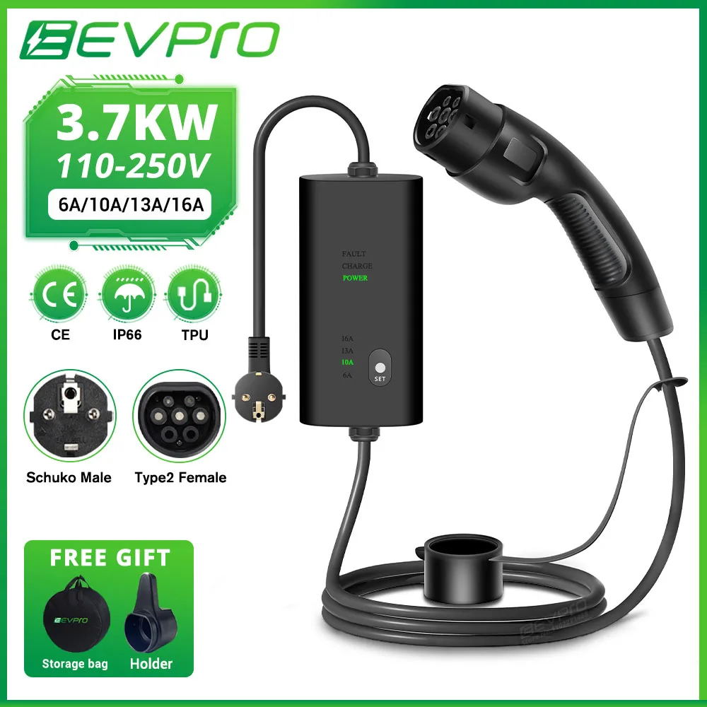 EVPRO 전기 자동차 타입 2 휴대용 EV 충전기 충전 박스 케이블, 전환 가능한 6, 10, 13, 16A 슈코 플러그 ...