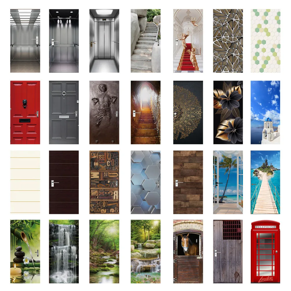 Self-adhesive-Door-Sticker-3D-Elevator-Geometric-Landscape-Wall-Sticker ...
