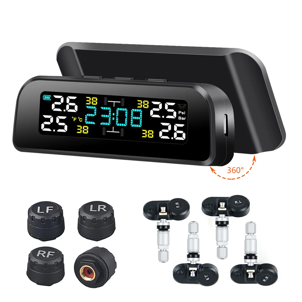 Clock TPMS Car Tire Pressure Alarm Monitor System Wireless Solar Intelligent Smart Tyre Pressure ...