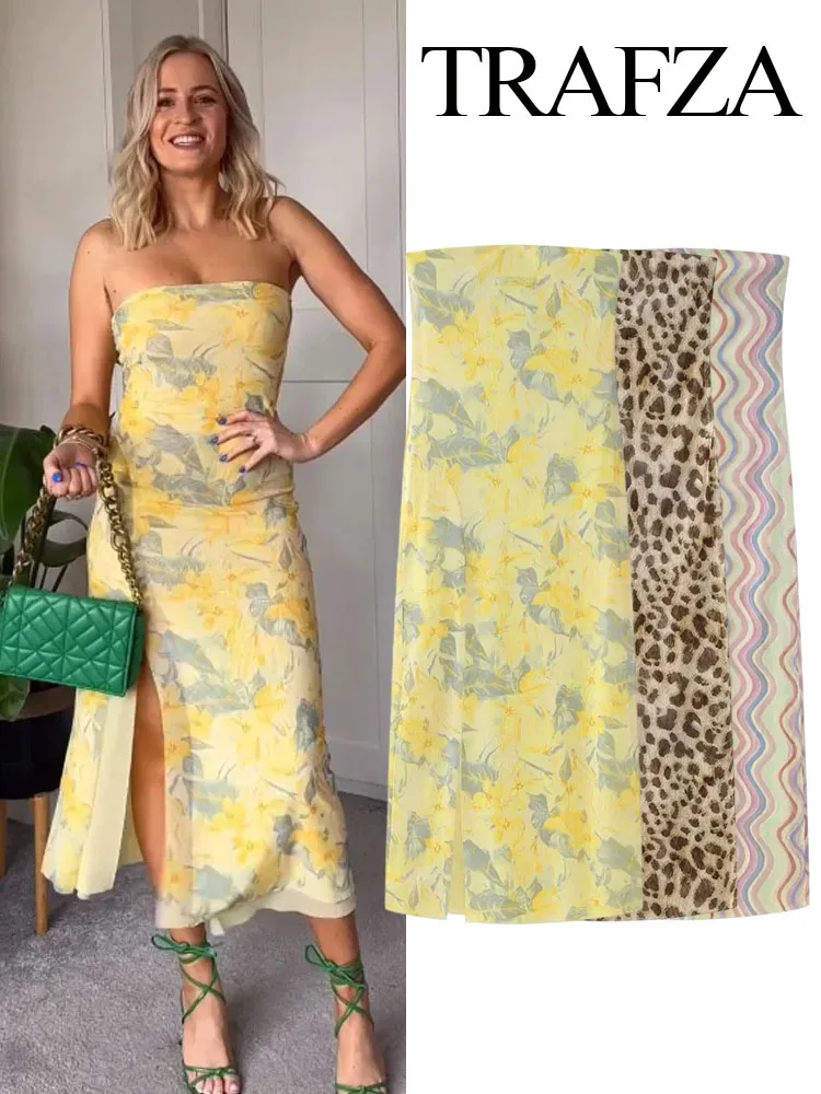 TRAFZA-Spring-Trendy-Sexy-Print-Dresses-For-Women-2024-Strapless-Tulle ...