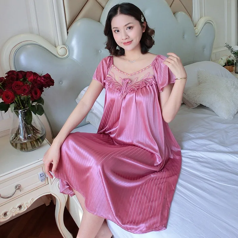 Oversize-Female-Satin-Nightgown-Ladies-Nightdress-Short-Sleeve-Night ...