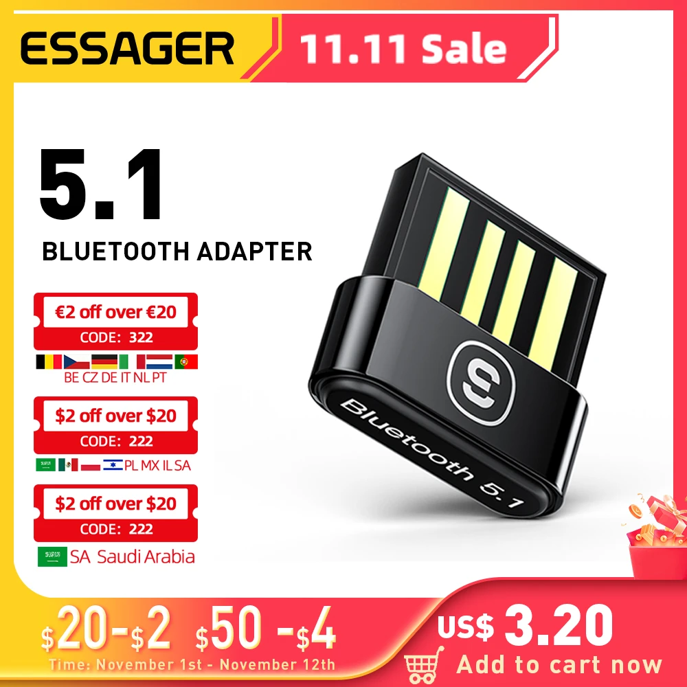 Essager Usb Bluetooth 5.1 Adapter Receiver Bt5.0 Dongle For Pc Wireless ...