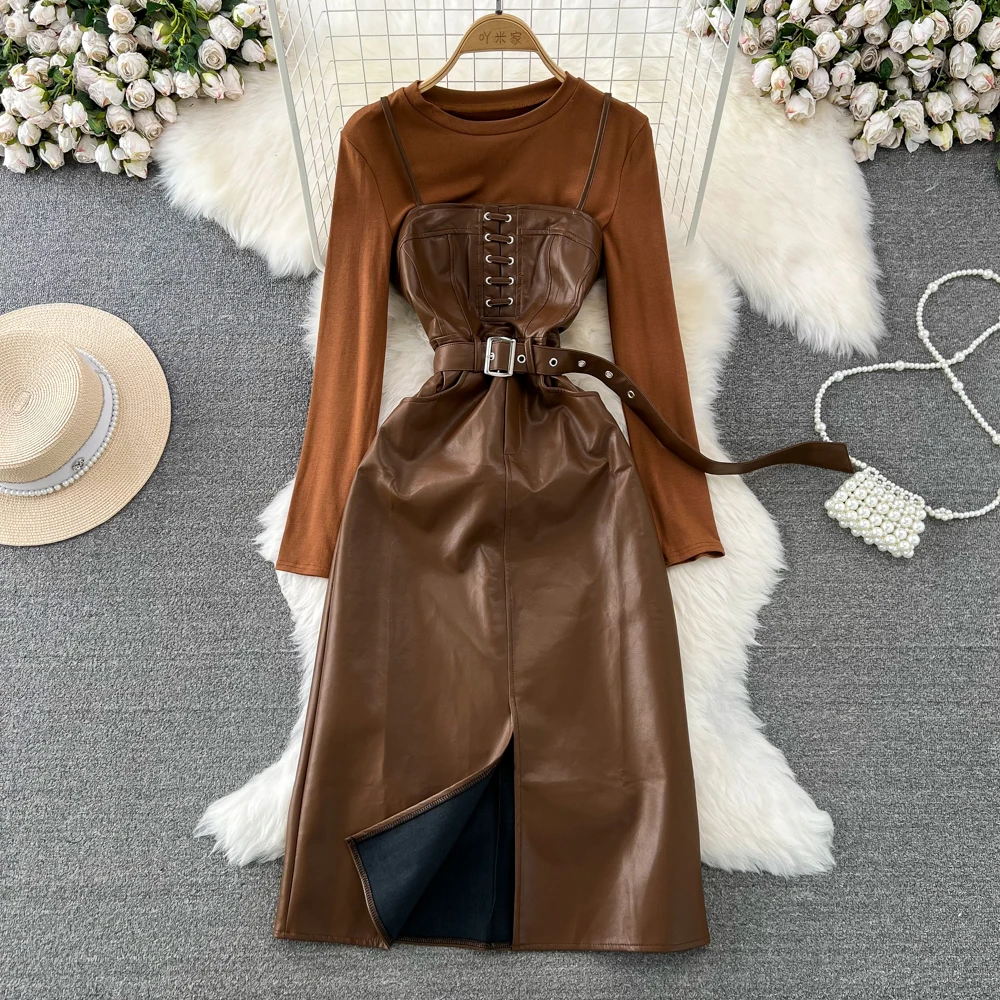 Women-Pu-Dress-Sets-Solid-Turtleneck-Long-Sleeve-Bottom-Shirt-Spaghetti ...
