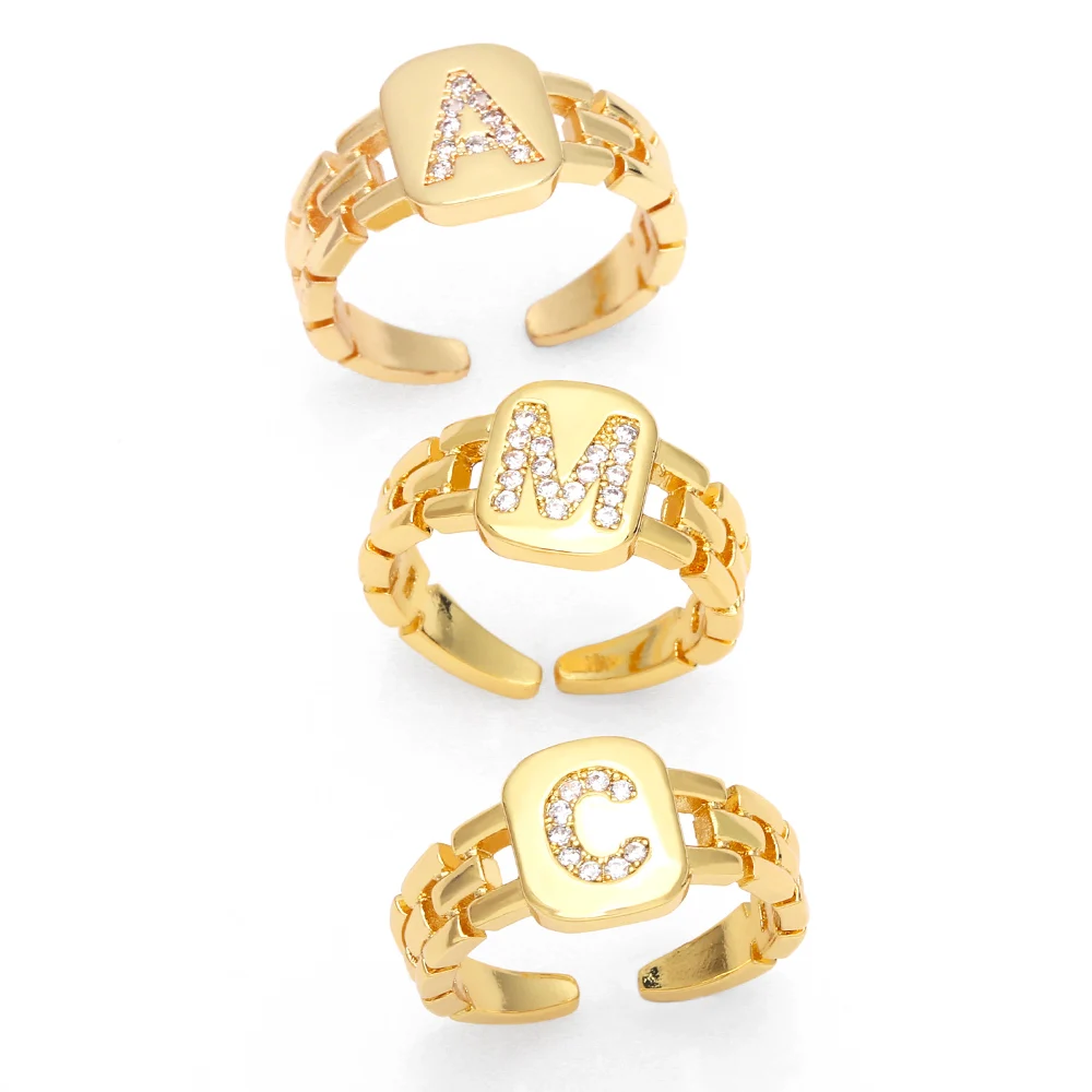 Polished Gold A-z Letter Ring For Women Copper Zircon Alphabet Initial ...
