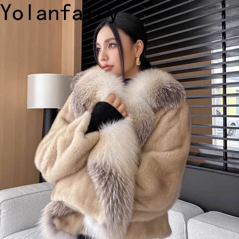 YOLANFAIRY 100% real fox fur collar whole mink fur coat woman luxury ...