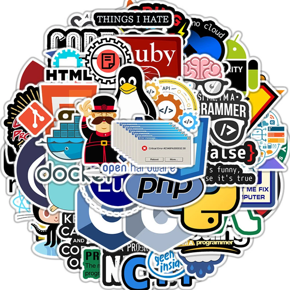 10/30/50pcs Programmer Internet Java Stickers Geek Php Docker Html Bitcoin Programming Language ...