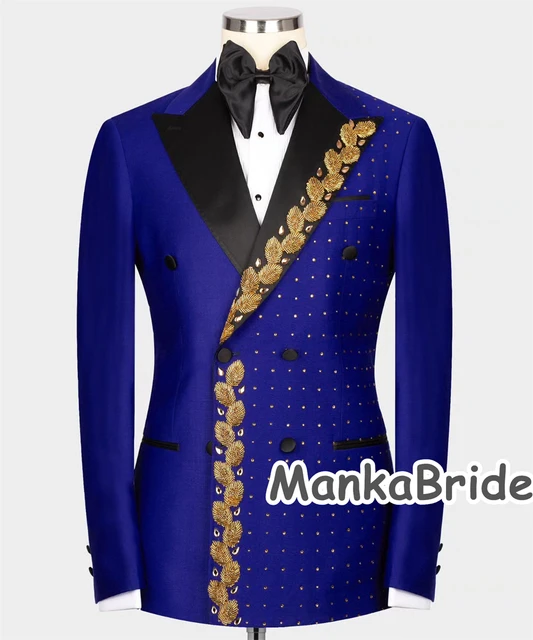 Luxury Black Groom Tuxedo with Crystal Double Breasted Blazer Pants ...