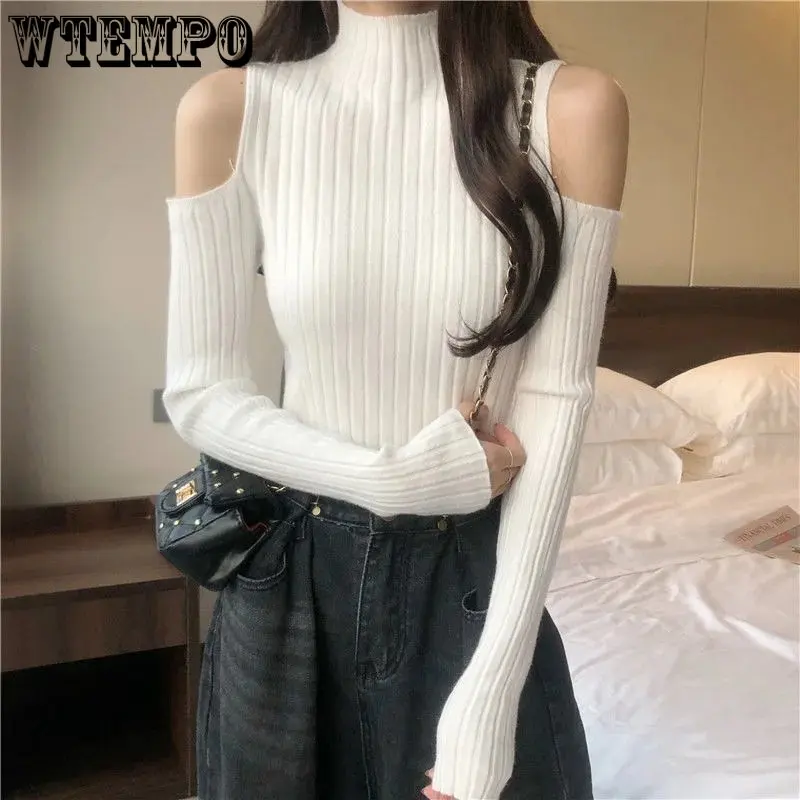 오프 숄더 니트 스웨터 하프 하이 칼라 여성용 풀오버 점퍼 심플한 베이직 펀드 보온 유지 Y2k Top Zar 흰색 긴 소매 사무실 여자 한국 패션 학원 바람 직운