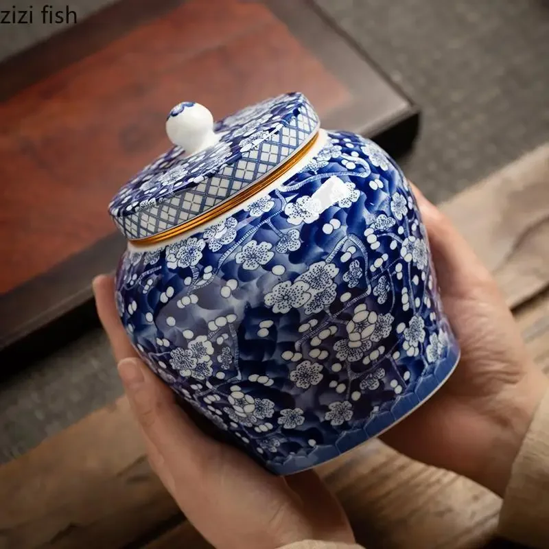 Blue and White Porcelain Tea Canister Ceramic Tea Organizer Box Storage ...