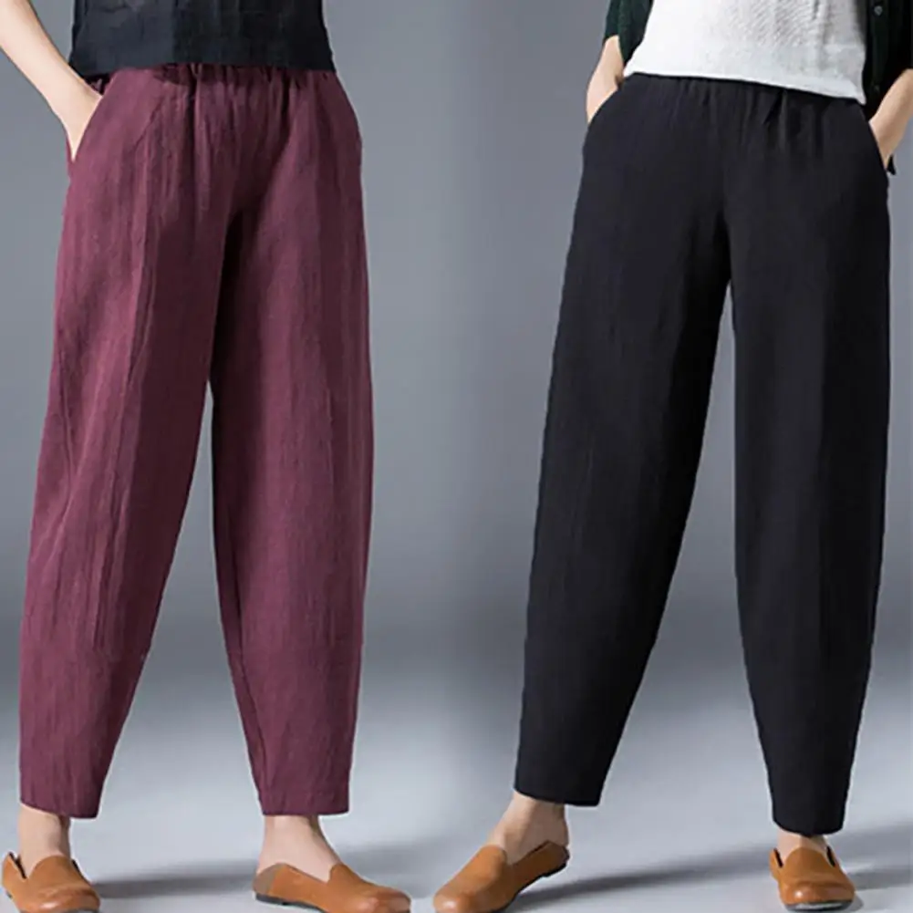 Ladies-Long-Pants-With-Pockets-Elastic-Waist-Wide-Leg-Ninth-Pants ...