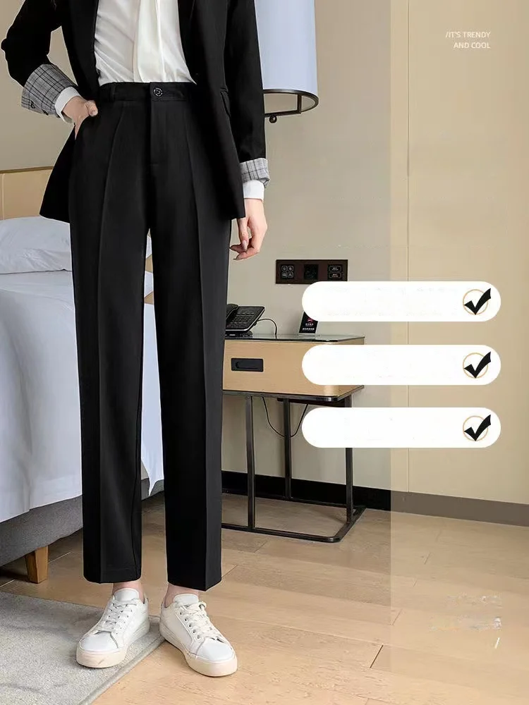 봄가을 여성 카프리 스타일 얇은 파이프 바지 학생용 넉넉한 스트레이트 정장 바지 여름 하이 웨이스트 크롭 팬츠 드레이프