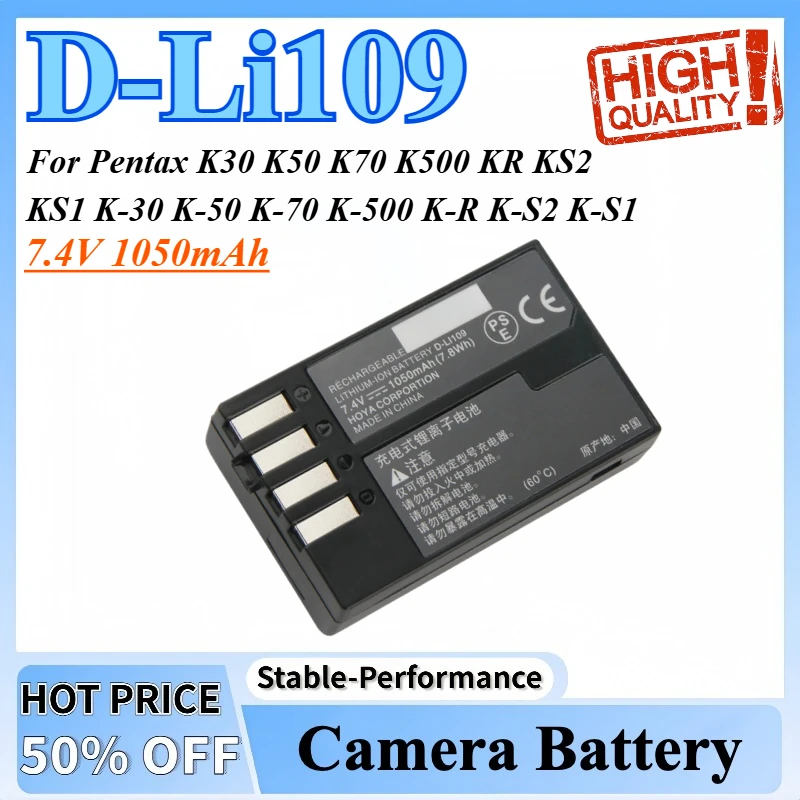 New 7.4V 1050mAh Replacement Camera Battery D-Li109 for Pentax K30 K50 ...