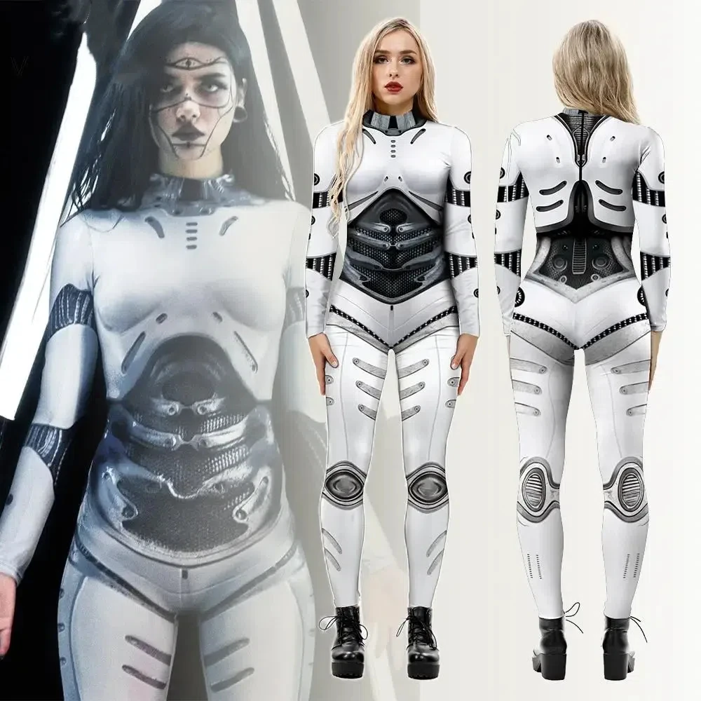 Halloween Women's White Mechanical Bodysuit Robot Warrior Punk Future ...