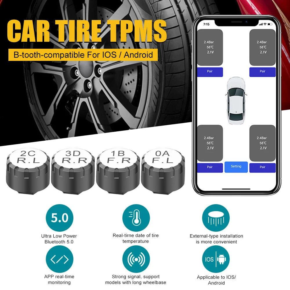 Tire Pressure Monitoring System, Bluetooth compatível TPMS, sensor externo para Android IOS ...