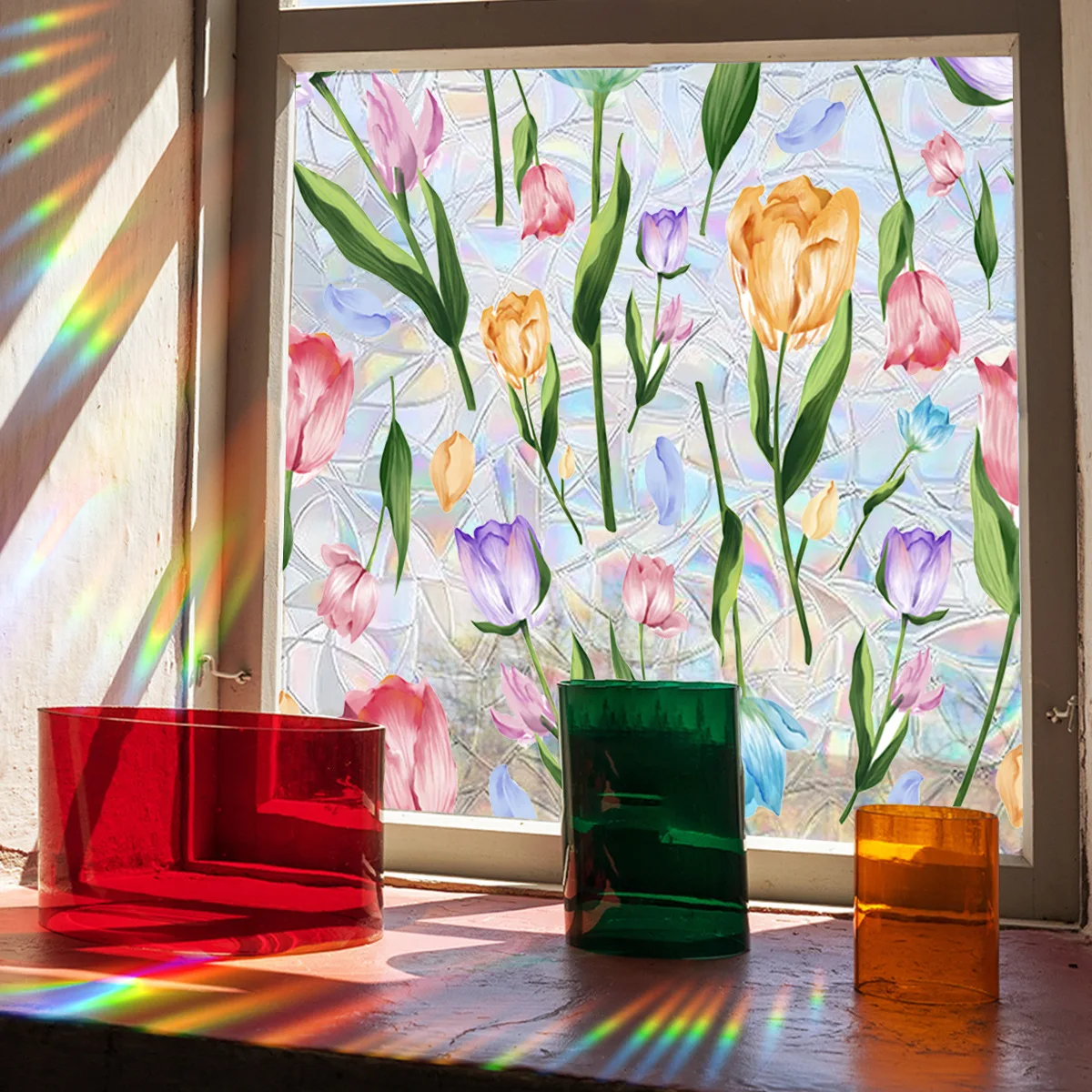 Cartoon-Colorful-Tulip-Glass-Double-sided-Visible-Wall-Sticker-for-Home ...