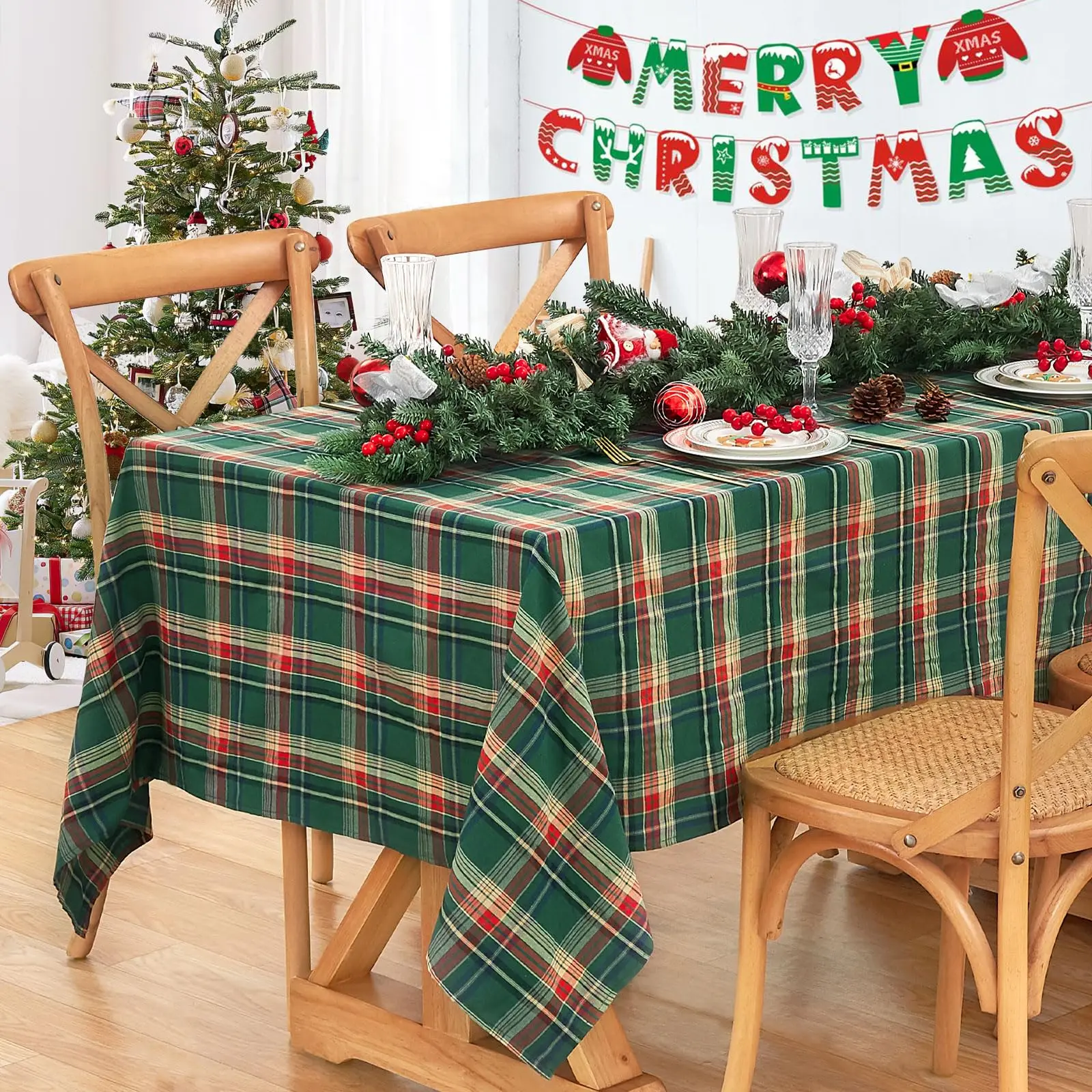 Green-Plaid-Christmas-Tablecloth-for-Rectangle-Tables-Polyester-Table ...