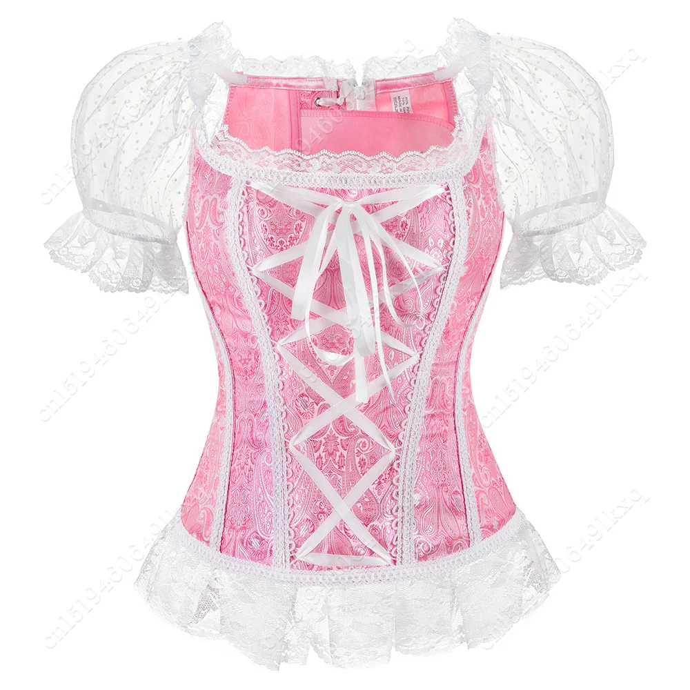 Victorian-Corset-Top-for-Women-Pink-Princess-Corset-Blouse-Top-White ...