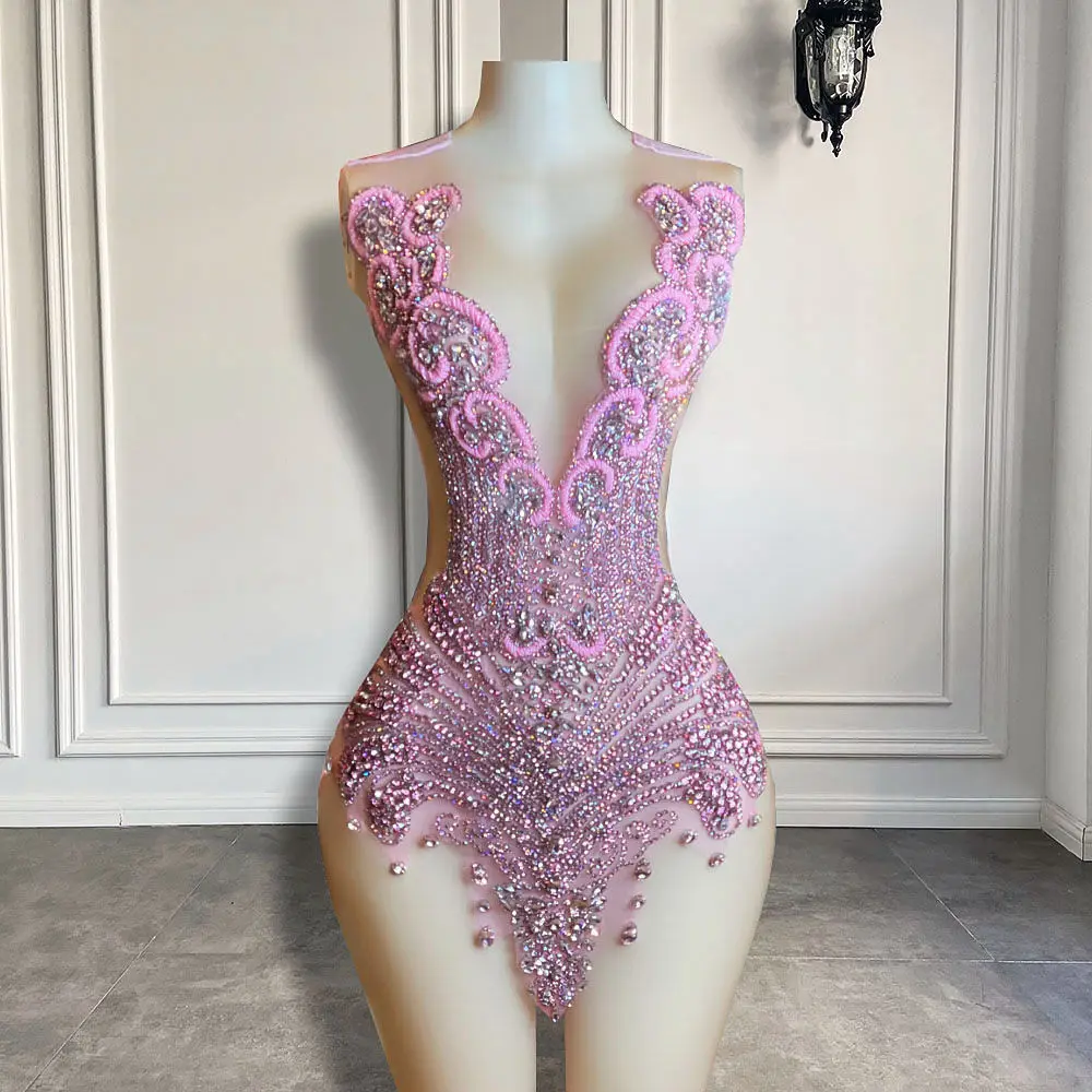 Luxry-Sexy-Sheer-Women-Birthday-Party-Cocktail-Gowns-Pink-Crystals-Black-Girls-Short-Prom ...