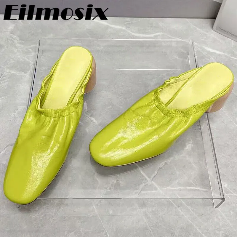 New Mules Round Toe Ladies Mules Genuine Leather Pleated Pumps Woman ...