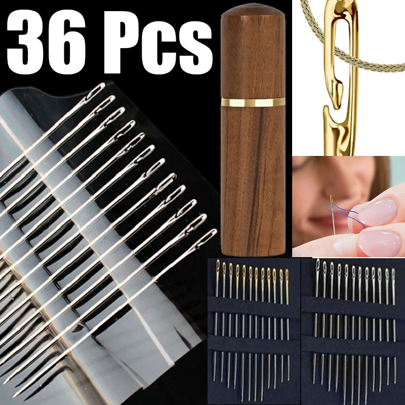 36pcs Self Threading Sewing Needles Blind To Wear Set Side Opening Hole ...